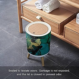 Trash Can with Lid Luxury Abstract Fluid Art Painting Alcohol Ink Technique Green and Press Cover Small Garbage Bin Round with Wooden Legs Waste Basket for Bathroom Kitchen Bedroom 7L/1.8 Gallon