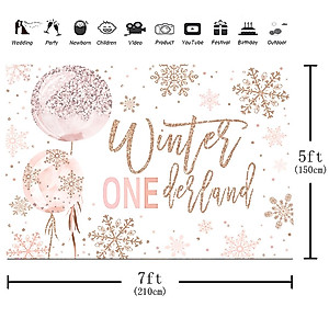 Aperturee 7x5ft Blush Pink Winter Onederland Theme Backdrop Girl One Years Old Birthday Party Christmas Snowflake Snow Landscape Photography Background Bokeh Glitter Balloon Banner Decor Photo Booth