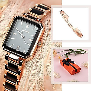 devaco Stainless Steel Rose Gold Diamond Quartz Wristwatch, Fashionable Square Waterproof Date Ladies' Watch (Black-glod)