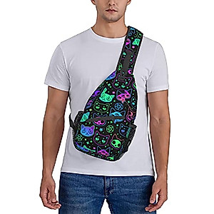 Cartoon Witchcraft Cat Skull Neon Colorful Sling Backpack Crossbody Sling Bag Travel Chest Daypack Hiking Shoulder Bag for Adult Women Men
