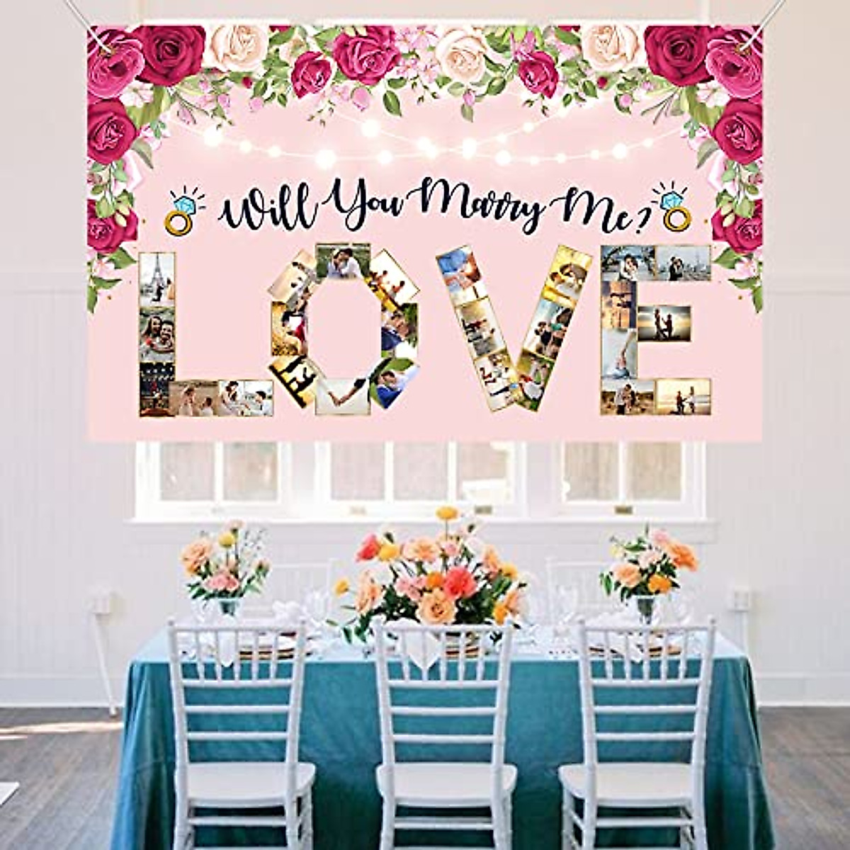 MEFENG Will You Marry Me Photo Backdrop Banner-Rose Diamonds and LOVE Sign Photo Banner-Proposal Announcement Engagement Wedding Bridal Shower Party Decor-Indoor Outdoor Photo Backdrop Banner.6*3.6feet