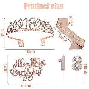 AIEX 4pcs Rose Gold Birthday Decorations Kit, Including Birthday Crown and Sash Cake Topper Cake Number Candles Birthday Girl Decorations(18th Birthday)