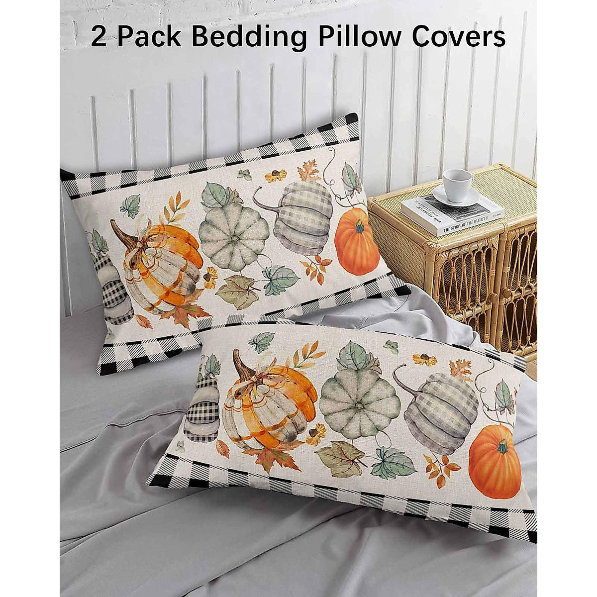 Thanksgiving Pillow Covers Standard Size Set of 2 Bed Pillow, Black White Plaid Pumpkin Fallen Leaves Farmhouse Plush Soft Comfort for Hair/ Skin Cooling Pillowcases with Envelop Closure 20''x26''