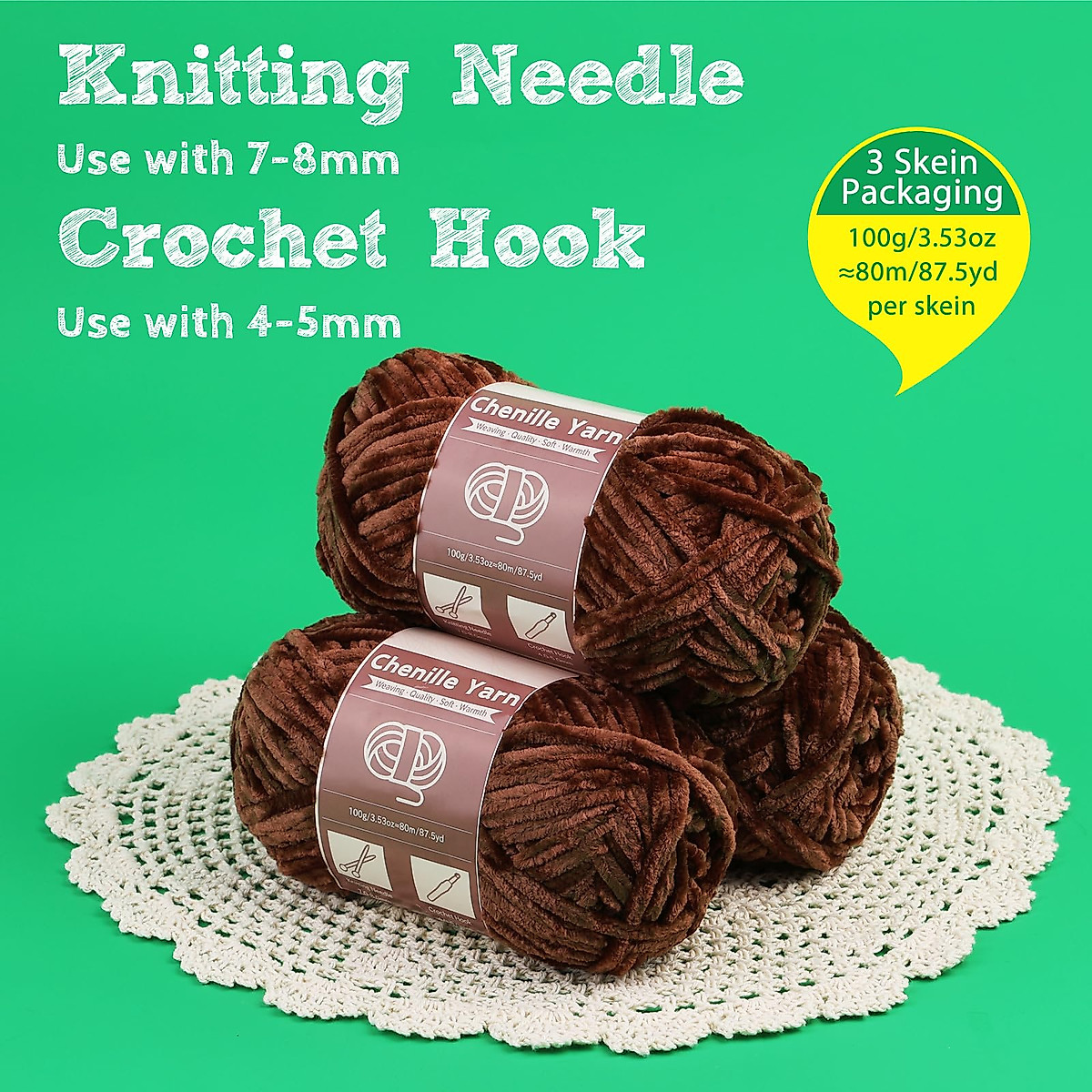 LUNARM 3 * 100g Chenille Yarn, Yarn for Crocheting Knitting with Big Eye Needles, Handcrafts Weaving Soft Chenille Yarn for Making Blankets, Clothes, Pattern Knitting Creations (Brown)