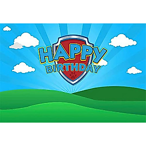 7x5ft Puppy Dog Happy Birthday Photography Backdrops Shield Blue Sky Boys Birthday Party Table Banner Background for 1st