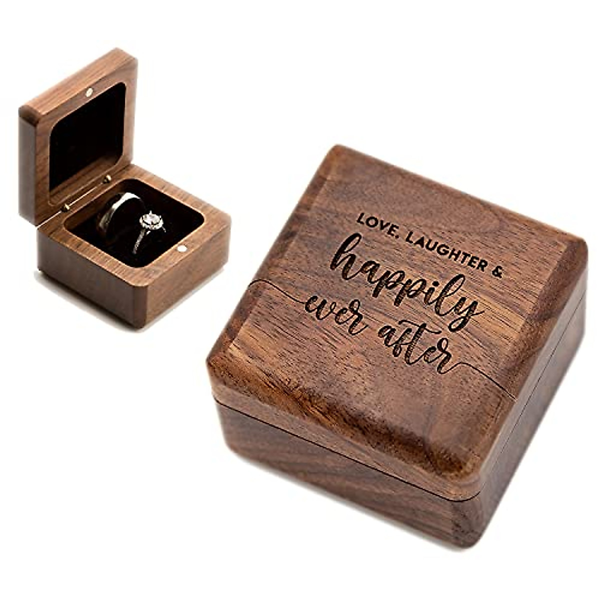 MUUJEE Love, Laughter & Happily Ever After Double Ring Box - Engraved Wooden Ring Case Box for Wedding Ceremony Engagement Proposal Ring Bearer Box - Anniversary Birthday Gift Ideas