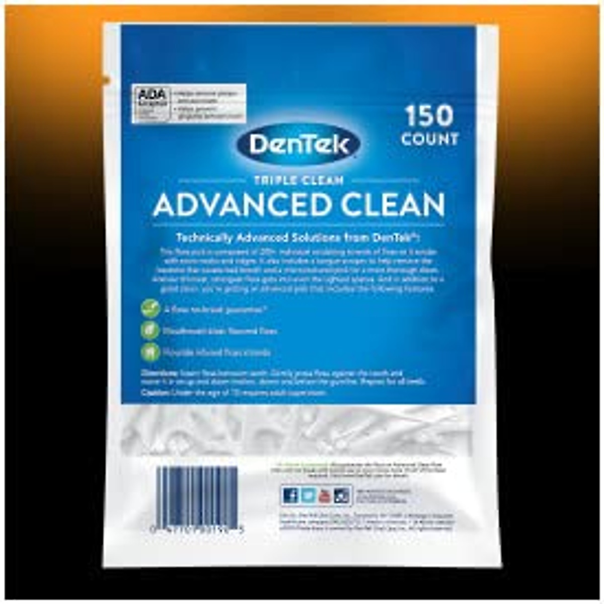 DenTek Triple Clean Advanced Floss Picks, No Break & No Shred Floss, 150 Count. (Pack of 4)