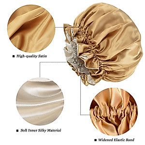 COOLCHI 2 Pieces Satin Bonnet Cap Elastic Double-Layer Silk Sleeping Head Cover for Women Adjustable Lined Hair Wrap for Long Curly Hair (Khaki+Purple)