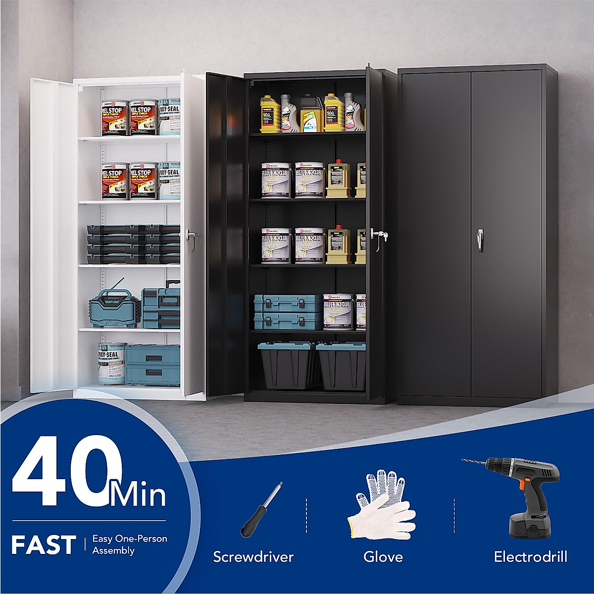 FLEXIMOUNTS Metal Storage Cabinet, 5-Tier Locking Cabinet with 4 Adjustable Shelves and 2 Doors, 71" H, Large-Capacity Cabinet for Garage, Home, Office, Laundry Storage, Black