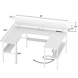 iSunirm Customizable U Shaped Desk, Reversible L Shaped Computer Desk with Adjustable Monitor Stand & Power Outlets & LED Strip Light, Large Office Desk with Storage Shelves, Home Gaming Table, White