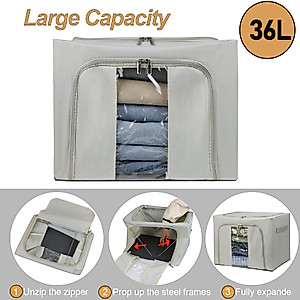 36L Clothes Storage Bins with Metal Frame, 3 Pcs Stackable Clothing Storage Boxes Containers with Lids, Foldable Oxford Fabric Clothes Organizer Bags Closet Organizers Organizing Bin for Sheet