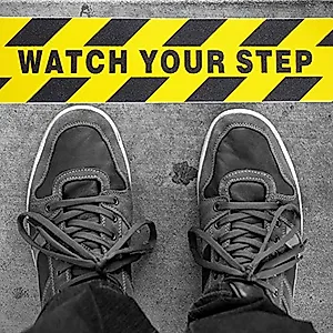 5 Pieces Watch Your Step Warning Sticker Adhesive Tape Anti Slip Abrasive Tape for Workplace Safety Wet Floor Caution, 6 by 24 Inches