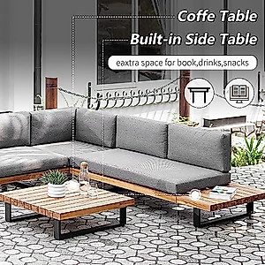 Homedot Patio Sofa Set with Metal Frame, Extra Large L Shaped Outdoor Sectional Sofa Set with Built-in Side Table, Modern Patio Conversation Set with Coffee Table&Removable Cushion for Garden