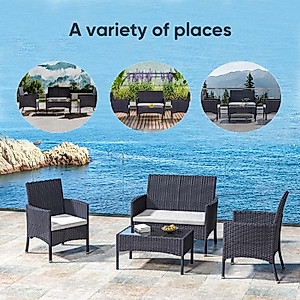 XZHQHB Patio Furniture Set of 4 Wicker Conversation Set with Soft Cushion Sofa Set Porch Outdoor PE Rattan Garden Chairs Sets with Tempered Glass Top Coffee Table, Black and Beige