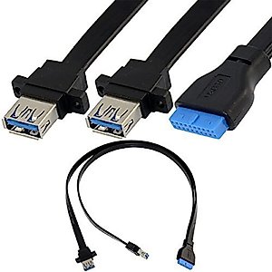 Toptekits 2 Port USB 3.0 A Female Screw Panel Mount to Motherboard 20 Pin Flat Cable Cord, 1.6ft/0.5m