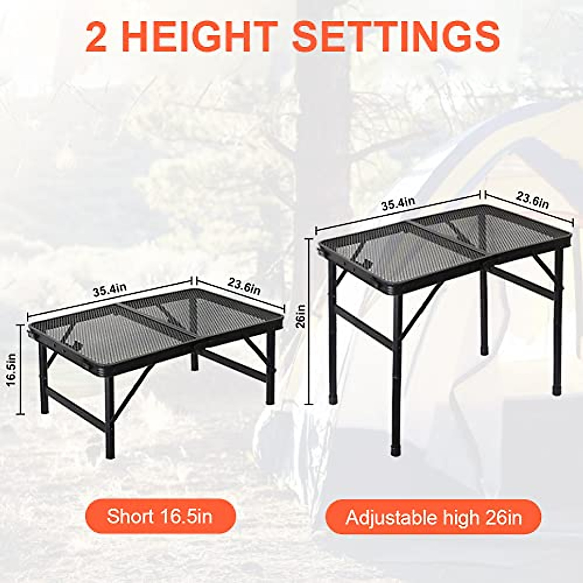 MIGOSEN Outdoor Picnic Folding Camping Table，Folding Grill Table with Mesh Desktop,Adjustable Height Collapsible Table for Picnic,Camping,BBQ (23.6" W x 35.4" L x 26" H)