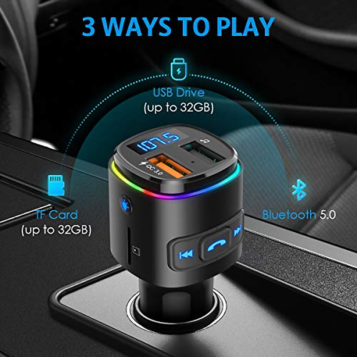 Upgraded Criacr V5.0 Bluetooth FM Transmitter for Car, QC3.0 Charge & 7 RGB Color LED Backlit Wireless FM Radio Car Adapter, Support Siri Google Assitant, U Disk, SD Card, Hands-Free Calls Kit