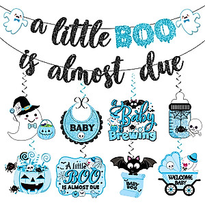 Halloween Ghost Baby Shower Party Decorations, A Little Boo is Almost Due Blue Baby Decor for Boy and Girl, Spooky Birthday Decorations Boo Banner