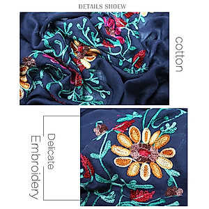 GERINLY Embroidery Flower Scarf for Women Aesthetic Bohemian Head Wrap Lightweight Shawl for Spring (N-Navy)