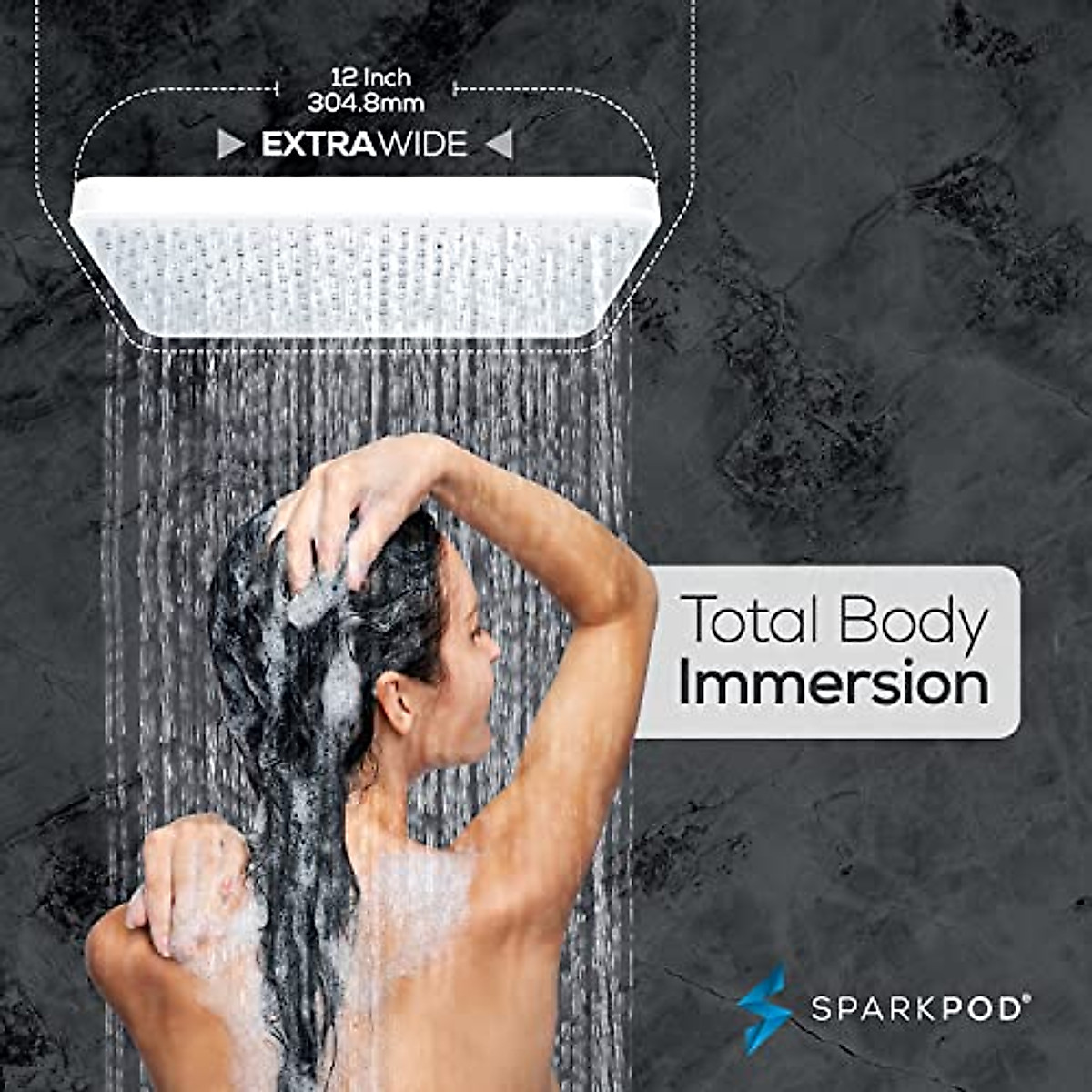 SparkPod 12 Inch Rectangle Rain Shower Head - Ceiling or Wall Mount Rainfall Shower Head - Large Coverage Showerhead - Brass Ball Joint with 360° Adjustment - 1-Min Install (Chrome & White)