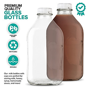 Stock Your Home Half Gallon Glass Milk Bottle with Lid (3 Pack) 64 Oz Jugs and 6 White Caps, Reusable Food Grade Milk Container for Refrigerator, Bottles for Juice, Oat or Plant Milks, Water, Honey