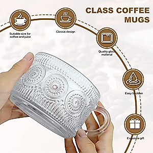 Driony Vintage Coffee Glass Mugs Set of 4, Glass Coffee Tea Cups with Bamboo Lids, Coaster and Spoons,15oz Clear Embossed Drinking Glass Cups,Tea Cups