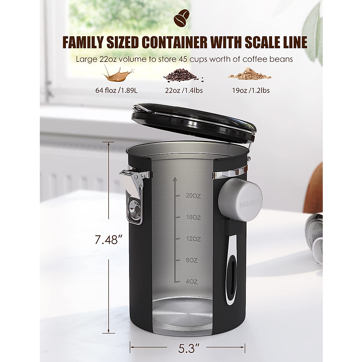 HAIOOU Airtight Coffee Canister, 22OZ Large Stainless Steel Coffee Bean Storage Container with Date Tracker, Measuring Scoop, 6Pcs CO2 Valves and Mini Tongs for Beans, Grounds, Sugar and more - Black
