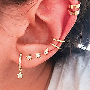 Missgrace 7 Pair Multiple Piercings Cute Big Hoop Elegant Rhinestones Earrings Set Vintage Star Earring Set Bohemian Earrings Stud Earrings Gold Punk Chain Earrings Set for Women (Style 3)