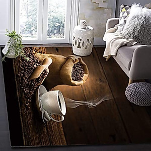 Many Coffee Beans Decorative Area Rug, Cup of Coffee Retro Home Rug, Bedroom Rug with Non-Slip Backing Washable for Bedroom Living Room Dining Room Office (5ft×6ft)