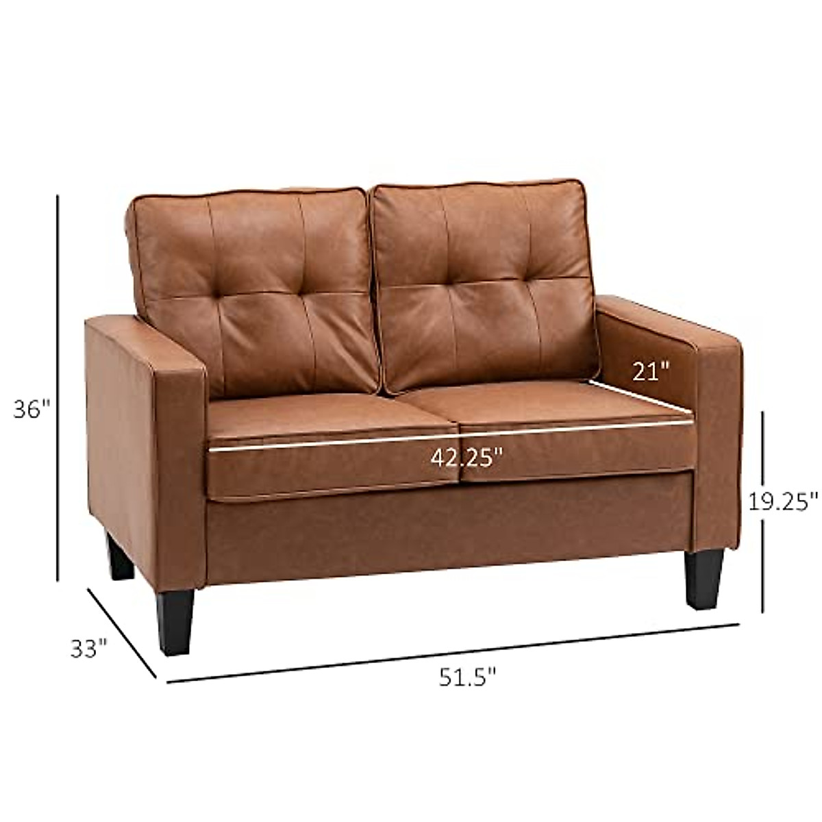 HOMCOM 51" Wide Loveseat with Armrest, 2-Seater Tufted PU Leather Double Sofa, Brown