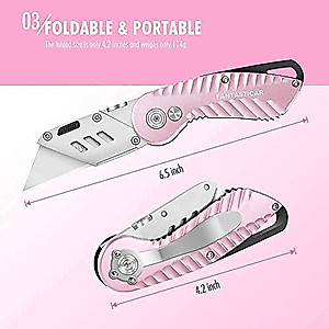 FantastiCAR Pink Folding Utility Knife Gift Box Cutter Lightweight and 100 Blades with Dispenser