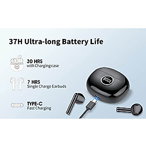 Truee Wireless Earbuds 37H Long Battery Life 5.3 Bluetooth Earbuds Black Wireless Headphones IPX7 Waterproof Ear Buds Fast Charging for Sport Mini Light Stereo Bluetooth Earphones Support iOS Android