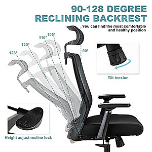 H HONSIT Big and Tall Office Chair- Ergonomic Mesh Office Chair with 3D Armrest, Adjustable Headrest and Sponge Lumbar Support, Comfortable Tilt Function Executive Swivel Office Chair,300lbs