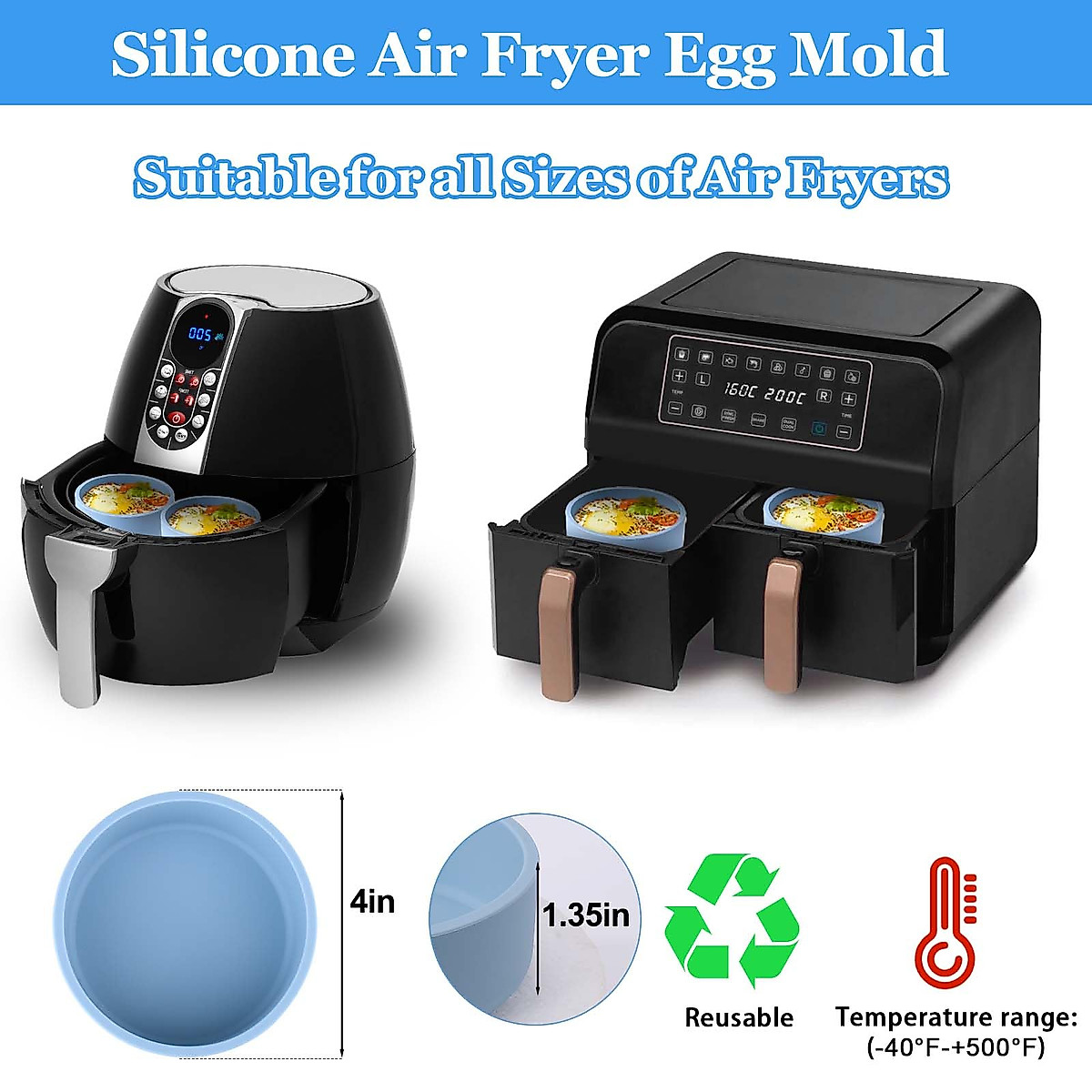XANGNIER Silicone Air Fryer Egg Mold,3 Pcs Reusable Nonstick Egg Bites Pan-Alternative to Microwave Egg Cooker/Sous Vide Egg Bite Maker,BPA Free,Dishwasher Safe,Air Fryer Accessories,Blue
