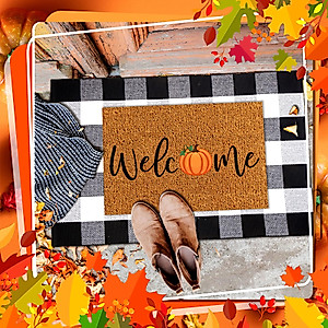 Moucuny 2 Pcs Fall Coir Welcome Doormat Fall Rug Outdoor Mat Layered Buffalo Plaid Mat Halloween Mats Pumpkin Maple Mat for Autumn Thanksgiving Fall Front Porch Outdoor Entryway(Plain Style)