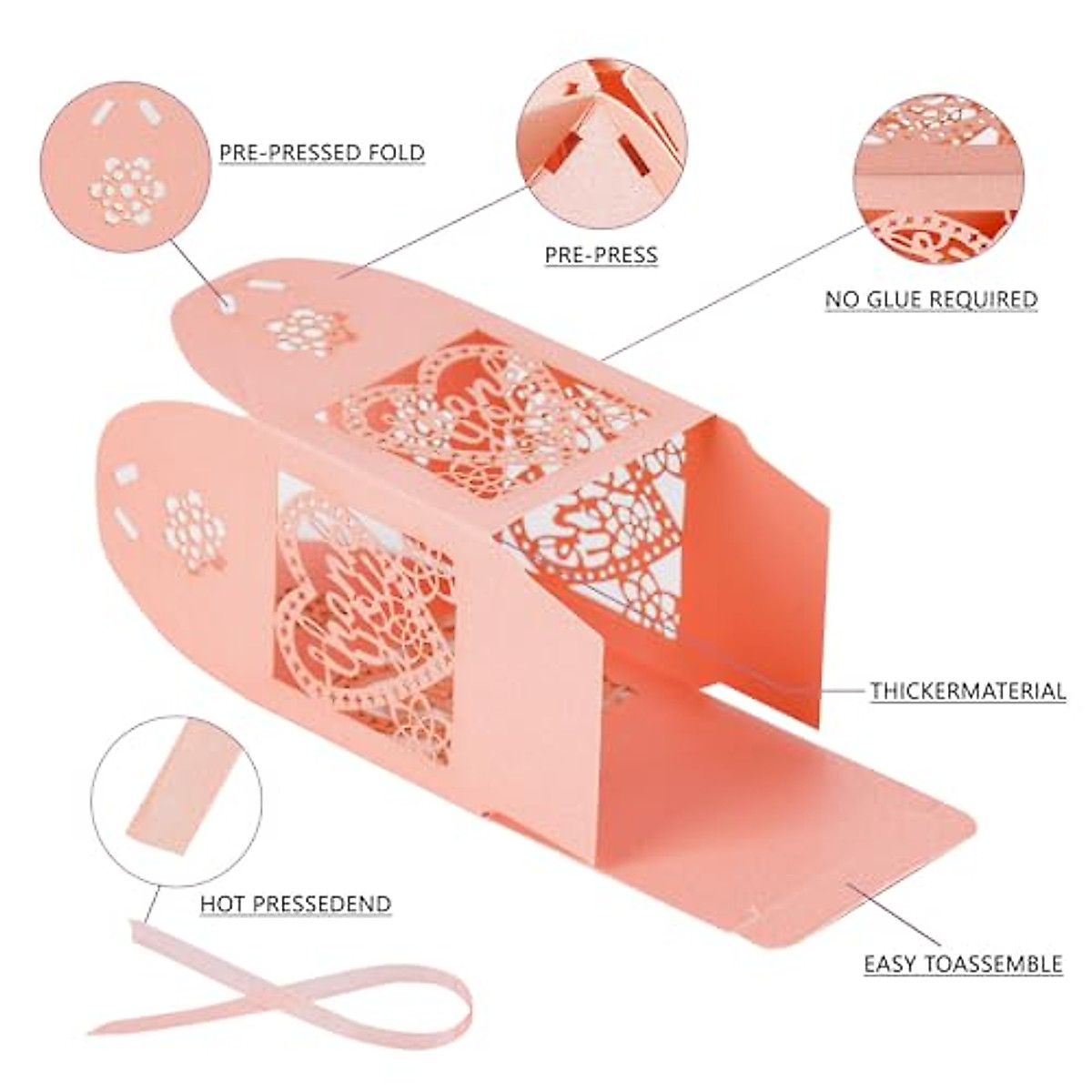 12TEN 50 Pack Thank You Gift Boxes for Wedding Party Favors Boxes Laser Cut boxes Party Favor Box Small Gift Boxes for Wedding Baby Shower Birthday Party with Ribbons, 55 Free stickers (Pink)