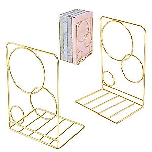 Metal Gold Bookends,Beautiful, Not Rusty, 5.3 in × 3.9 in × 7.6 in The Metal Book Ends is a Good Choice for Organizing Your Desk (Gold Circle)