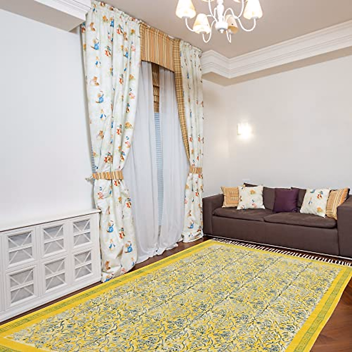 Casavani Indian Handmade Cotton Dhurrie Bordered Yellow & Green Area Rug Boho Kilim Flat Weave Rug Indoor Hall Room Decor Carpet Throw Rugs for Bedroom Living Room Bathroom Balcony 4x7 Feet