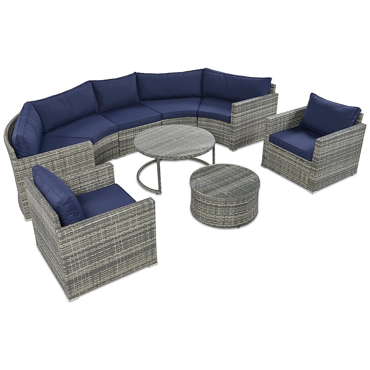 YSWH 9-Piece Outdoor Half Moon Sofa Set, Rattan Patio Furniture Half Round Sofa Set with Overlapping Round Table, Sectional Conversational Sofa Set for Free Combination, 1