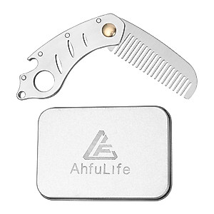 AhfuLife Stainless Steel Metal Hair & Beard Comb, Multifunctional Folding EDC Pocket Comb With Bottle Opener Fits In Keychain - Anti-Static Hair & Beard Care Comb Mustache Comb - Presented in Gift Box