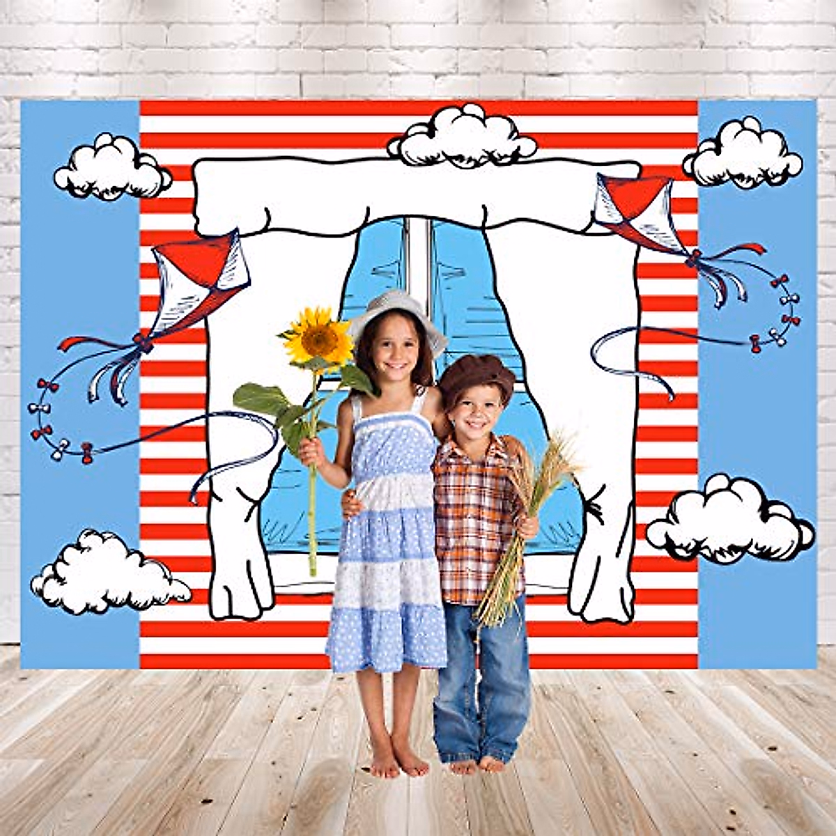 Ticuenicoa 7x5ft Cartoon Window Backdrops for Photography Kids Birthday Party Background Blue Red Kite Striped Kids Baby Shower Party Backdrop Boys Girls 1st Birthday Decorations Cake Table Banner