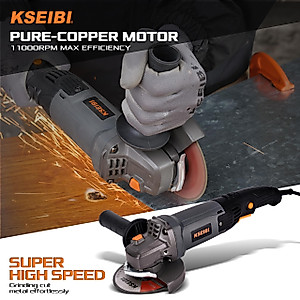 KSEIBI 711943K Angle Grinder Tool - 4 1/2 inch, 950W, 8Amps, 11000RPM, Corded Power Tools Long Handle with 7/8" Arbor Grinding and Cutting Wheels, Flap Disc, Quick Adjustable Guard, and Storage Bag