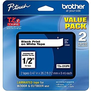 Genuine OEM brand name Brother TZeTape Black on White for PT200 1/2" 26' (2 Pack) TZE2312PK by Brother