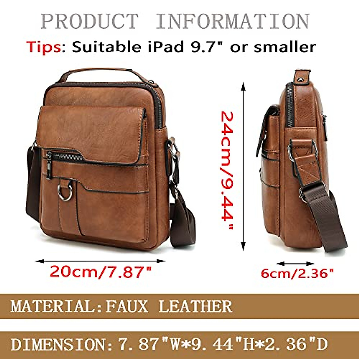 HANGMAI Small Crossbody Bag for Men Leather Shoulder Bags Messenger Man Purse Handbag Travel for iPad 9.7" Office Business Brown