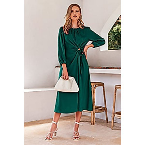 PRETTYGARDEN Women's 2023 Satin Maxi Dress Puff Long Sleeve Crewneck Cutout Casual A-line Long Flowy Dresses (Dark Green,X-Large)