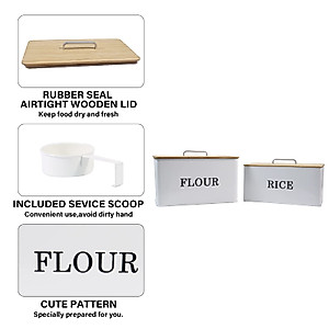 Gdfjiy Kitchen Canisters Set of 2, Metal Rice Storage Bin Flour Tin, Rustic Farmhouse Canister Jars, Food Storage Container for Rice Flour Soybean Grain Cereal-White