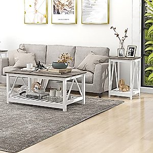 UYIHOME Farmhouse Coffee Table and End Table Set, Oak Grey Wooden Living Room Furniture with Slats Base, Oak Grey
