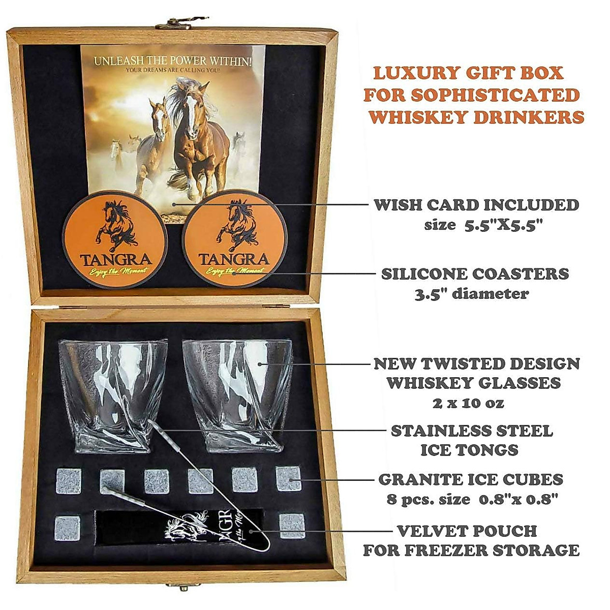Whiskey Stones Luxury Gift Set of 8 Granite Ice Cubes Reusable Chilling Rocks + 2 Large Size Scotch Glasses in Wooden Box. Cool Whiskey Gift Sets for Man Dad Father Groomsmen