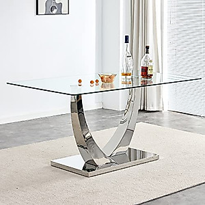 63" Modern Glass Dining Table for 4-6, Contemporary Rectangular Kitchen Dining Room Table with Tempered Glass Tabletop and Metal Pedestal Base, Large Long Dining Room Pedestal Table