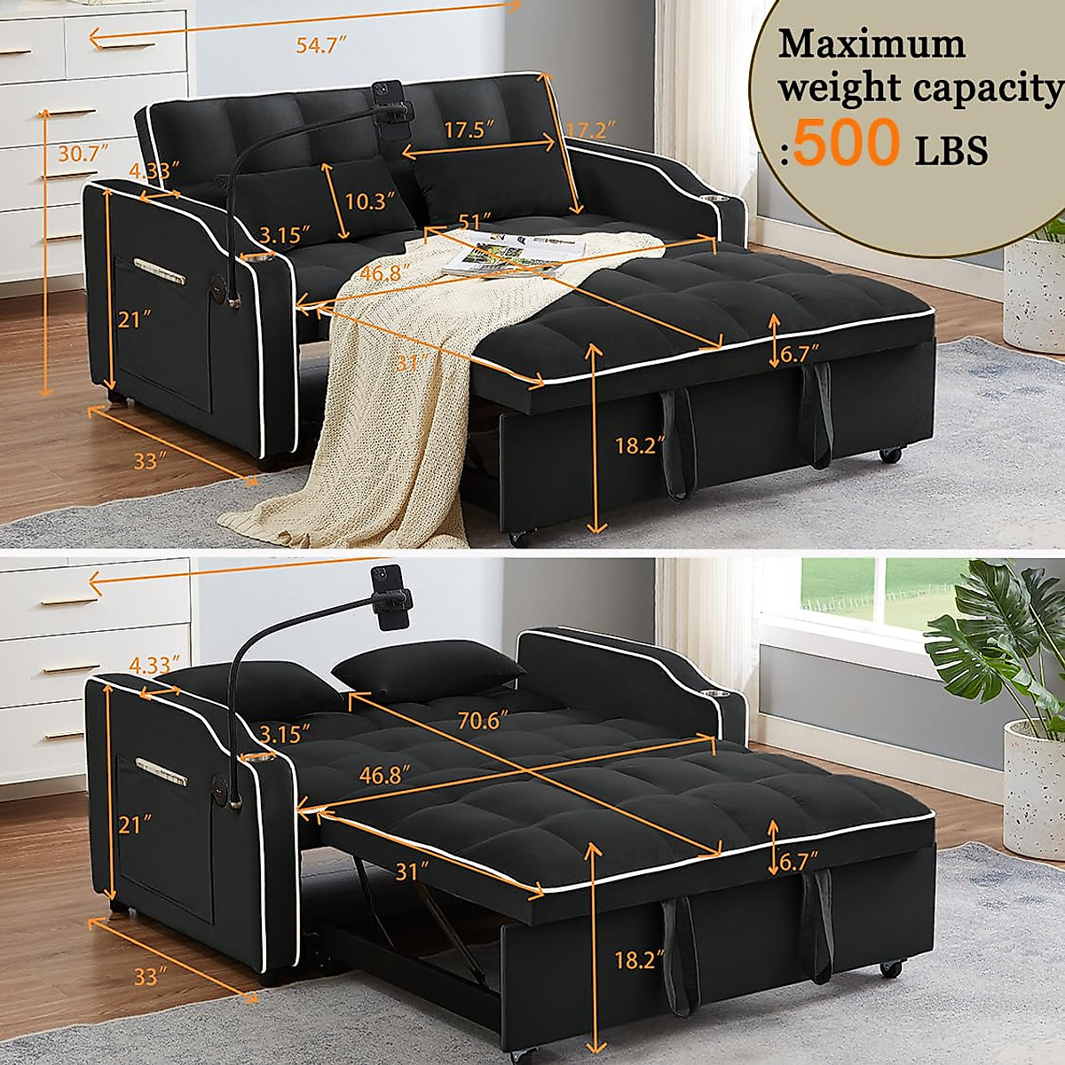 Convertible Sleeper Sofa Bed with USB Ports,Pull Out Sofa Bed with Swivel Phone Holder,Modern Velvet Loveseat Futon Couch with with Cup Holders,Small Love Seat Lounge Sofa Bed for Small Space(Black)